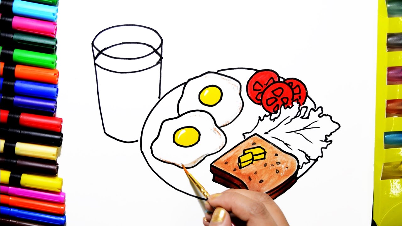 Draw Color Paint BREAKFAST, Bread Omelette, Milk Coloring Pages and ...