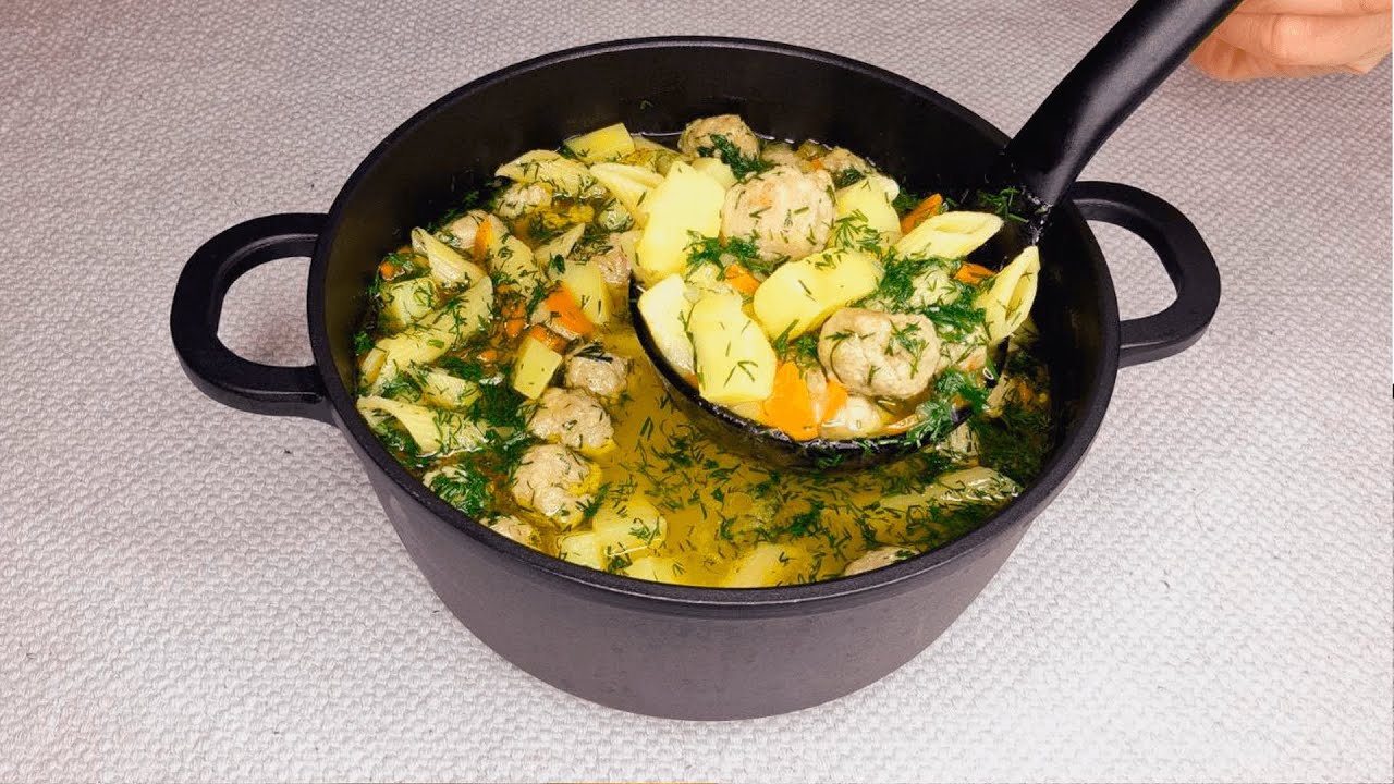 A simple and quick recipe for soup with pasta and meatballs! Cheap and ...